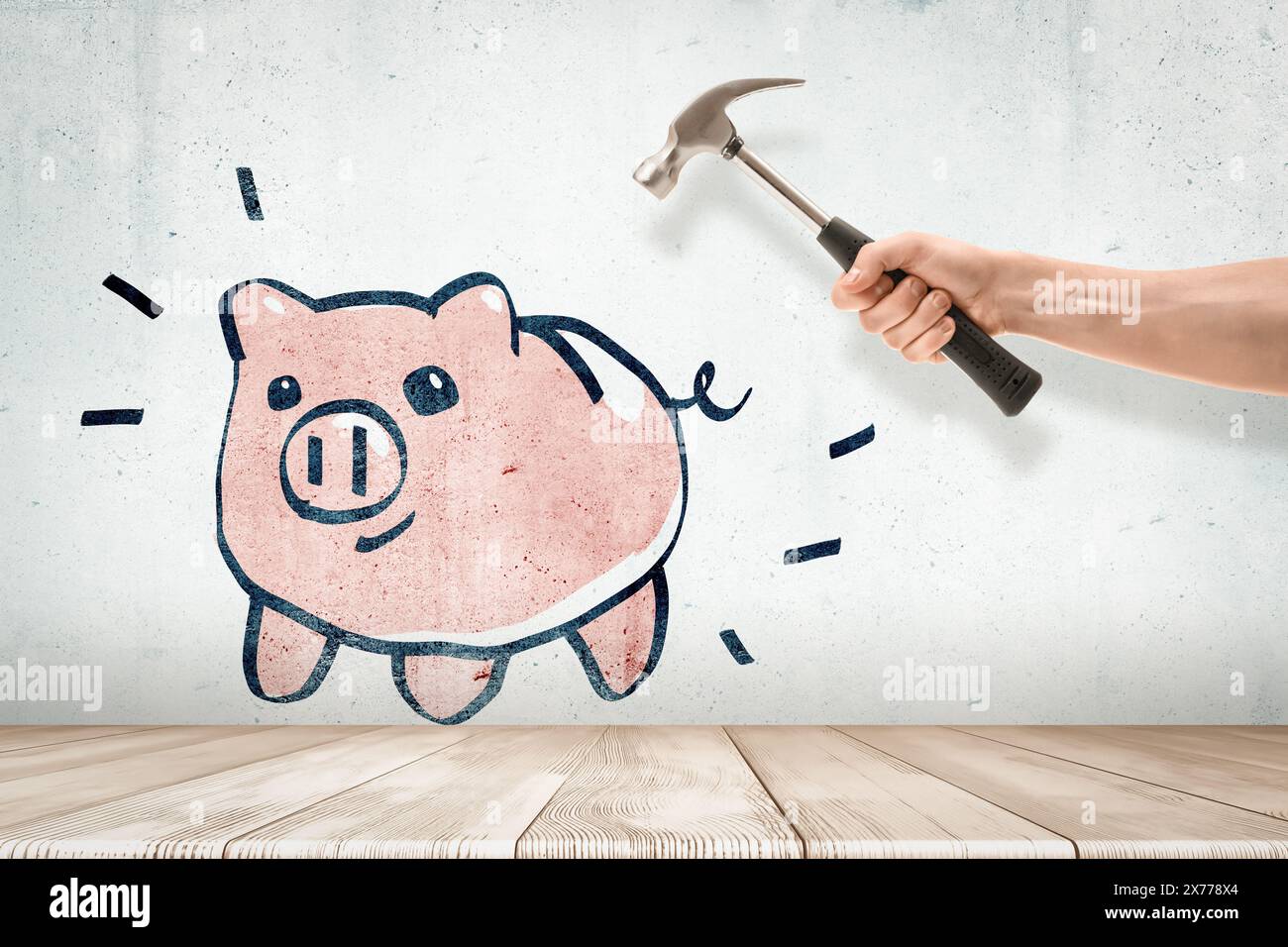 Piggy bank drawing with a hammer about to strike Stock Photo - Alamy