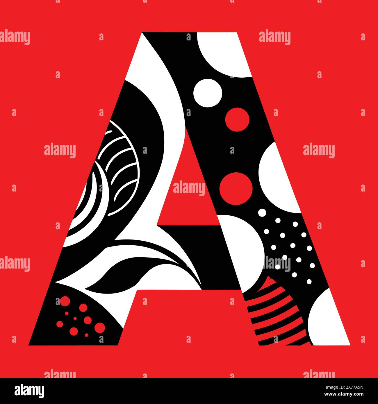 The letter A in black and white with abstract patterns on a red ...