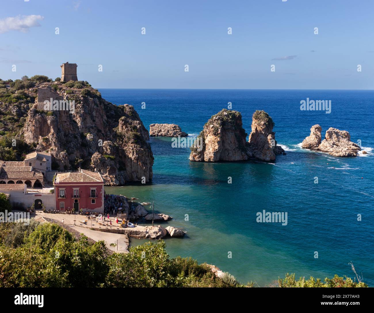 View of the Faraglioni and the tower Doria above the Tonnara Di ...