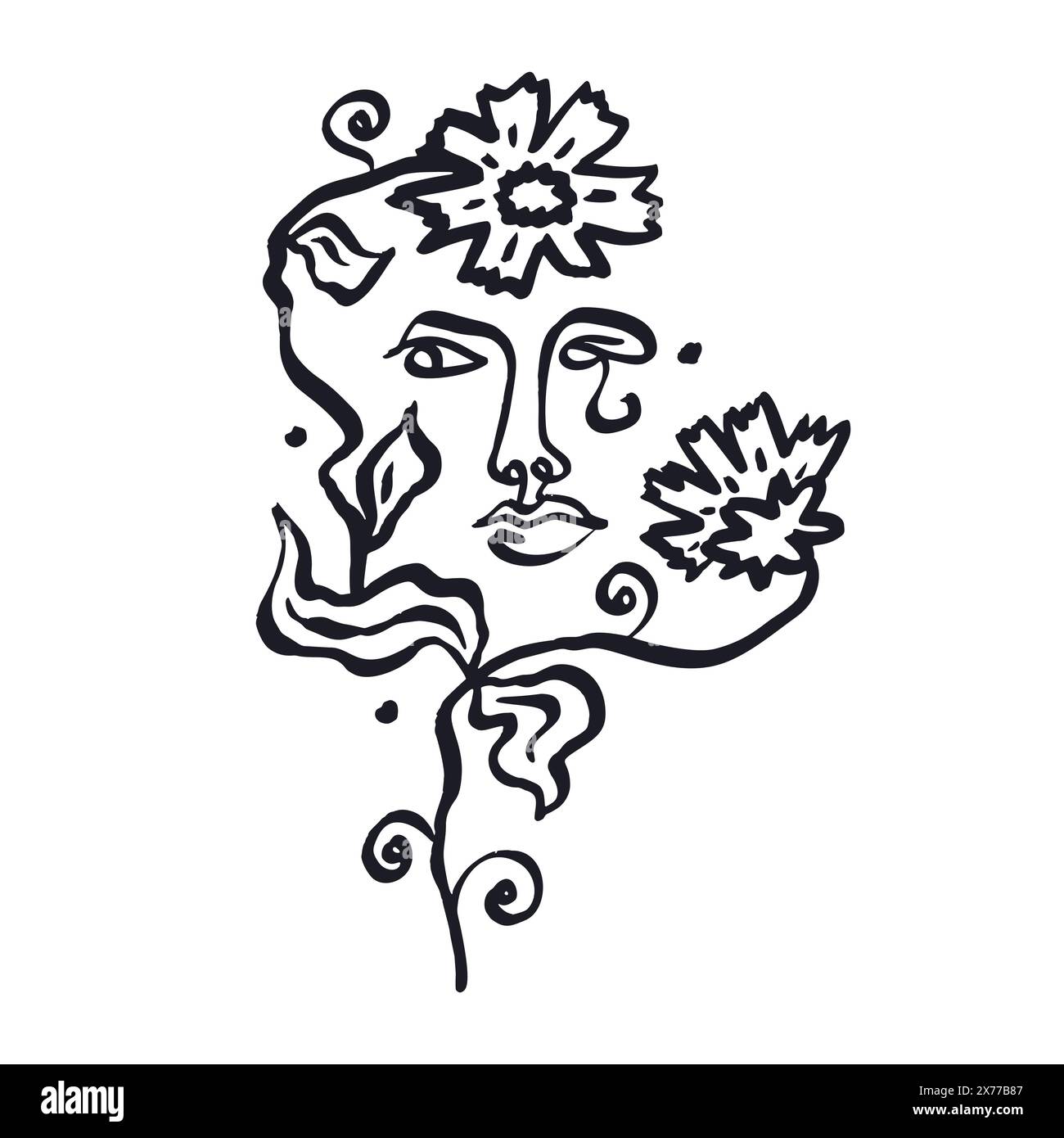 One single line ink drawing of abstract female face and flowers ...