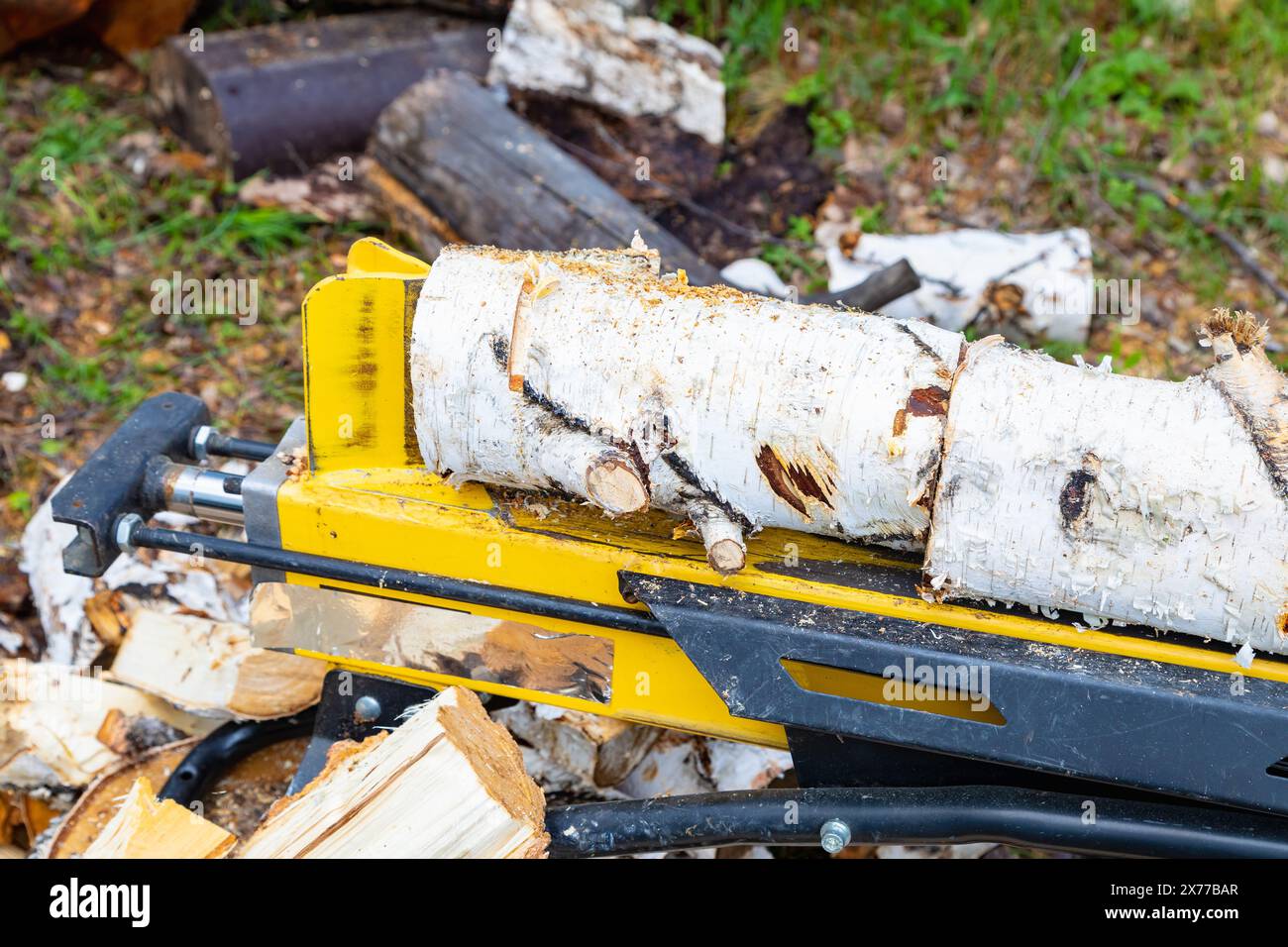 Mechanical action of a wood splitter with destructive force on a birch ...