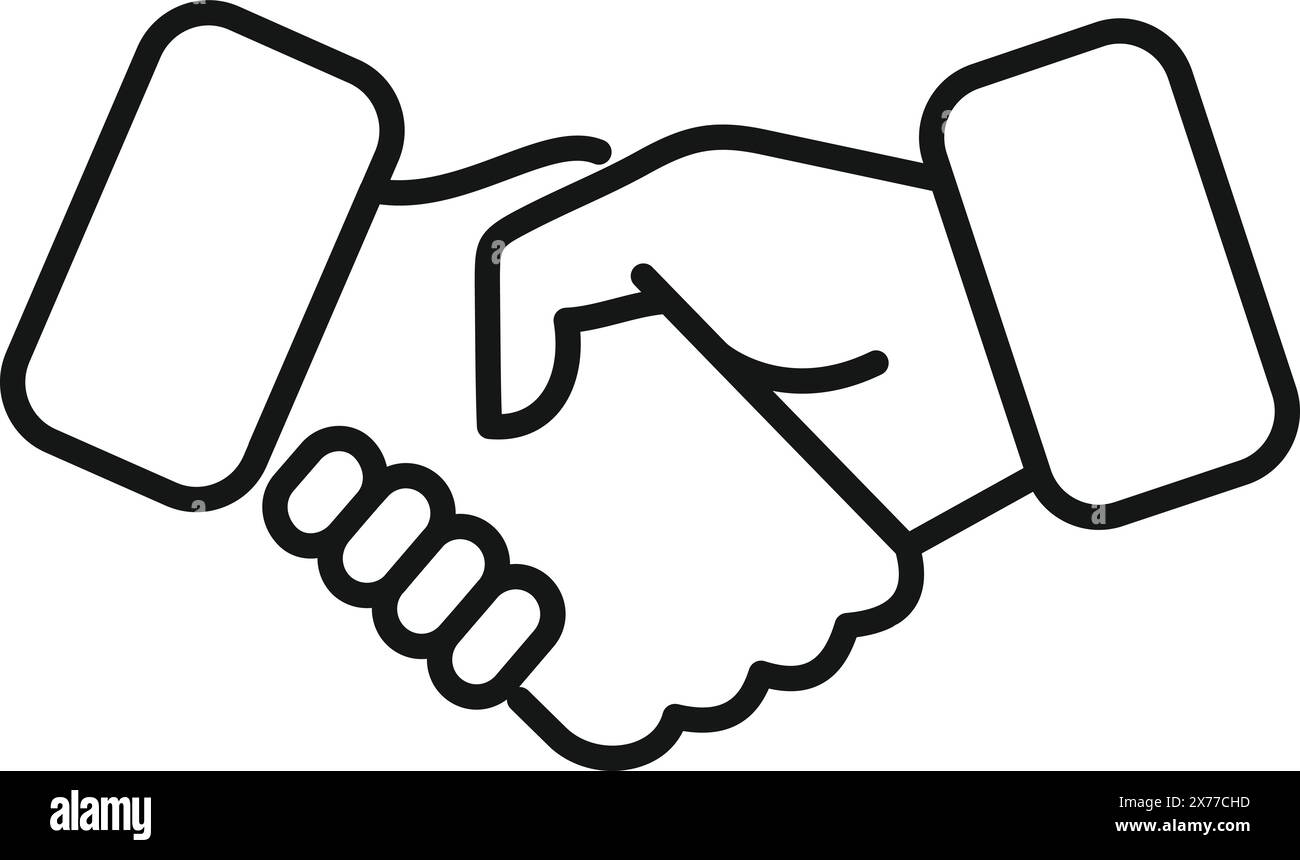 Minimalist vector line art illustration of a black and white handshake symbolizing agreement ...