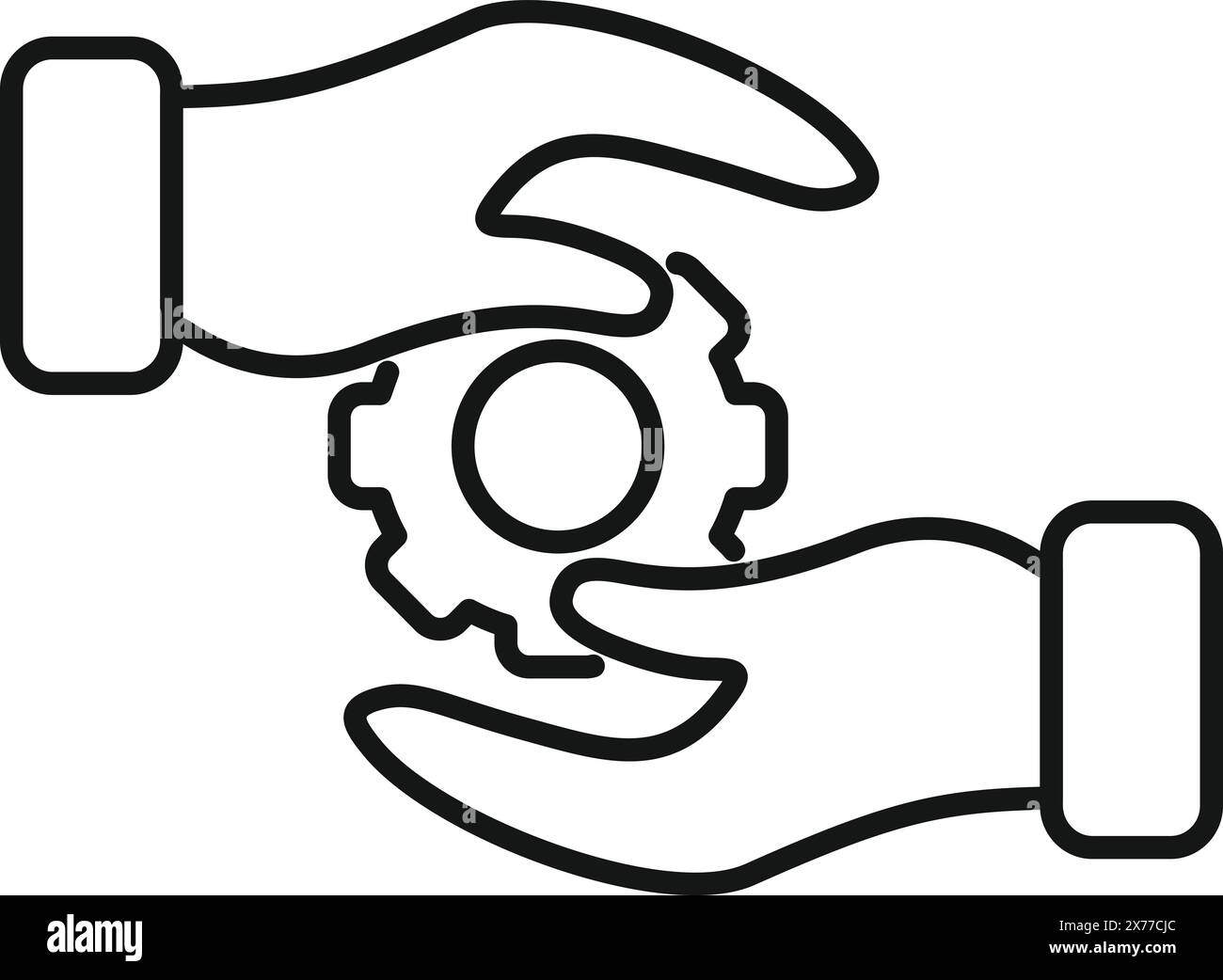Black line art of hands with a cogwheel, symbolizing teamwork and ...