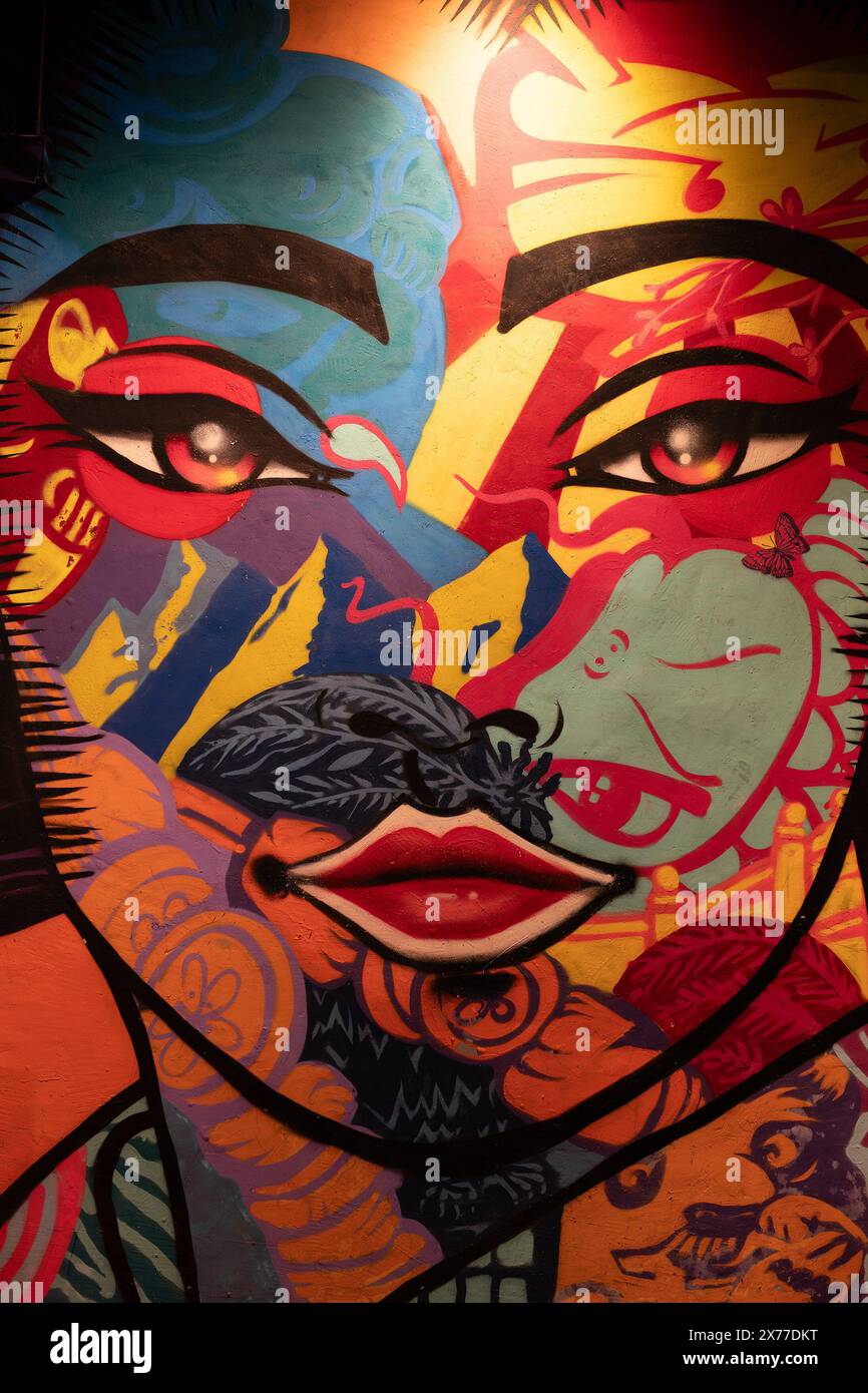 HONG KONG, CHINA - DECEMBER 07, 2023: colourful graffiti woman face as ...