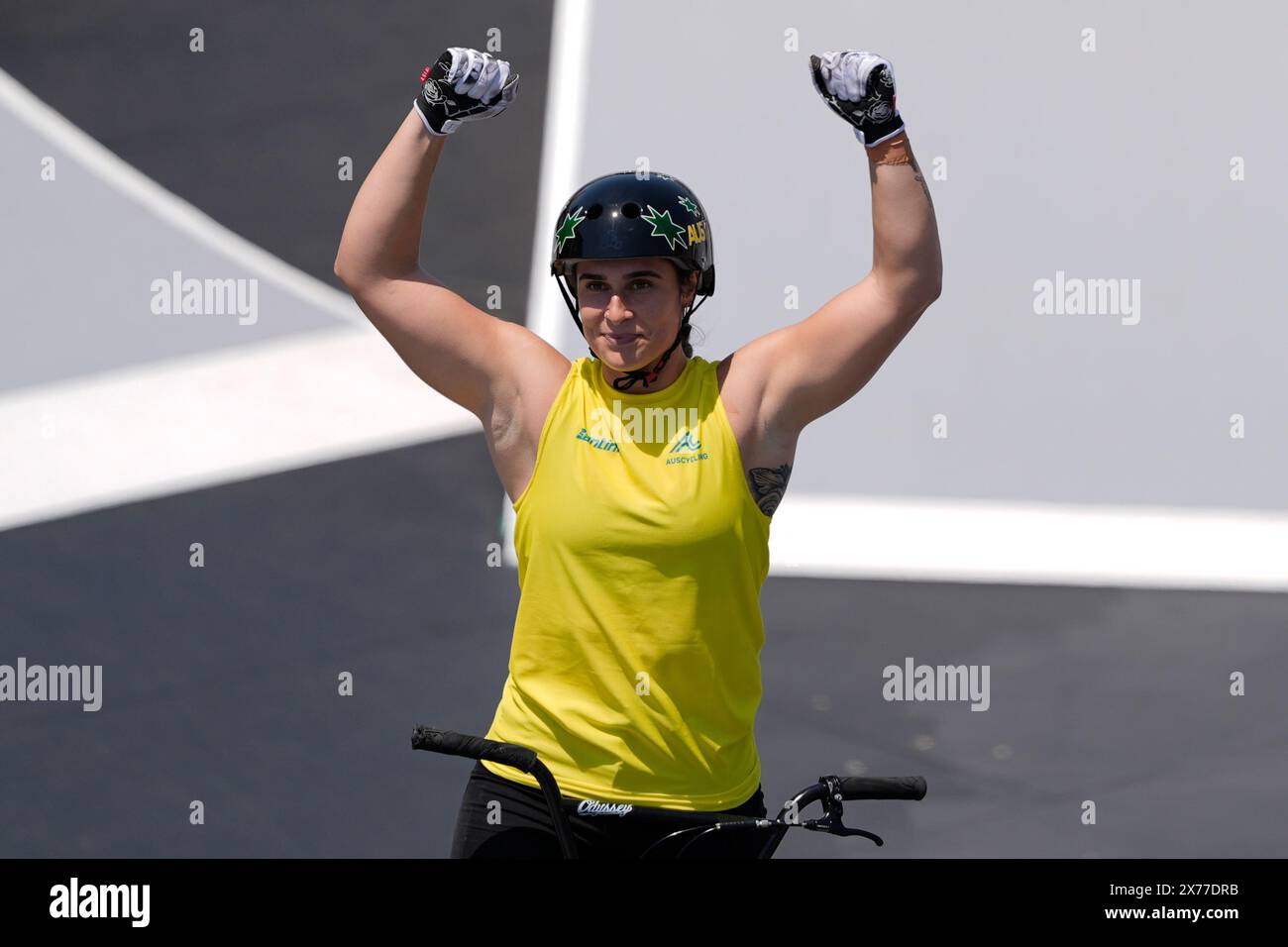 Australia's Natalya Diehm reacts after her run in the Cycling BMX ...