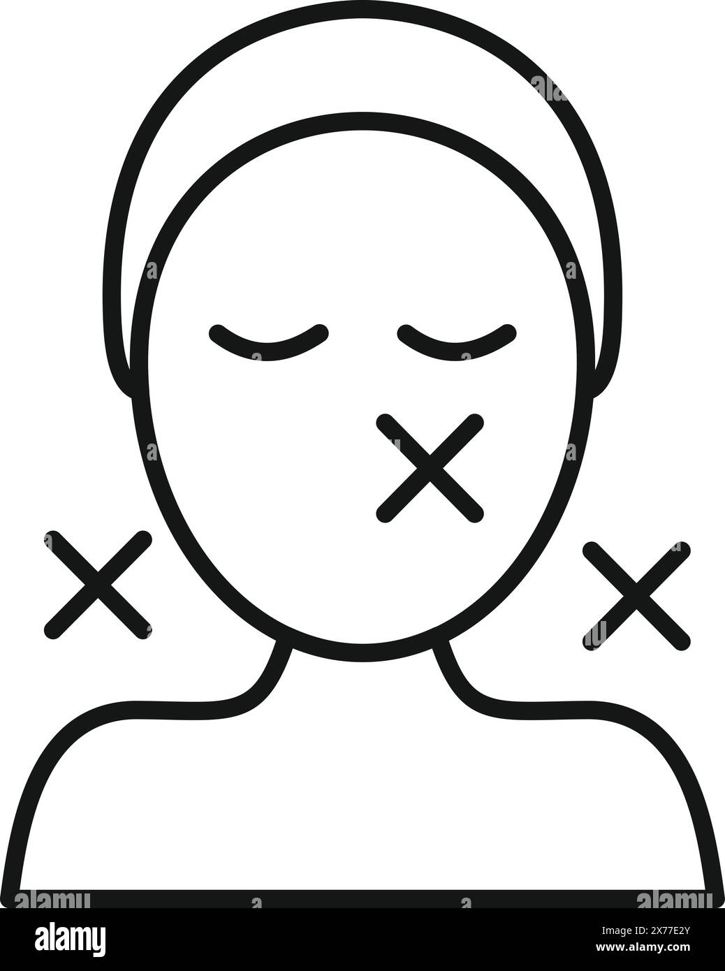 A linear icon depicting a female figure with crossed marks on her mouth ...