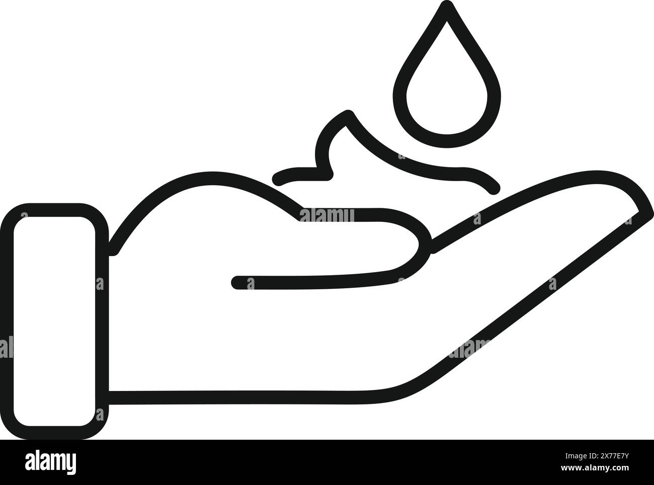 Simple black line icon depicting a hand holding a single water drop ...