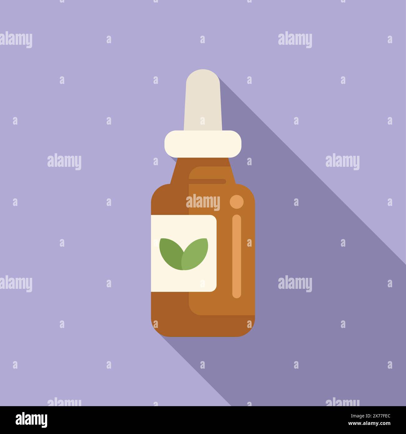 Flat vector design of a brown dropper bottle with a green leaf label ...