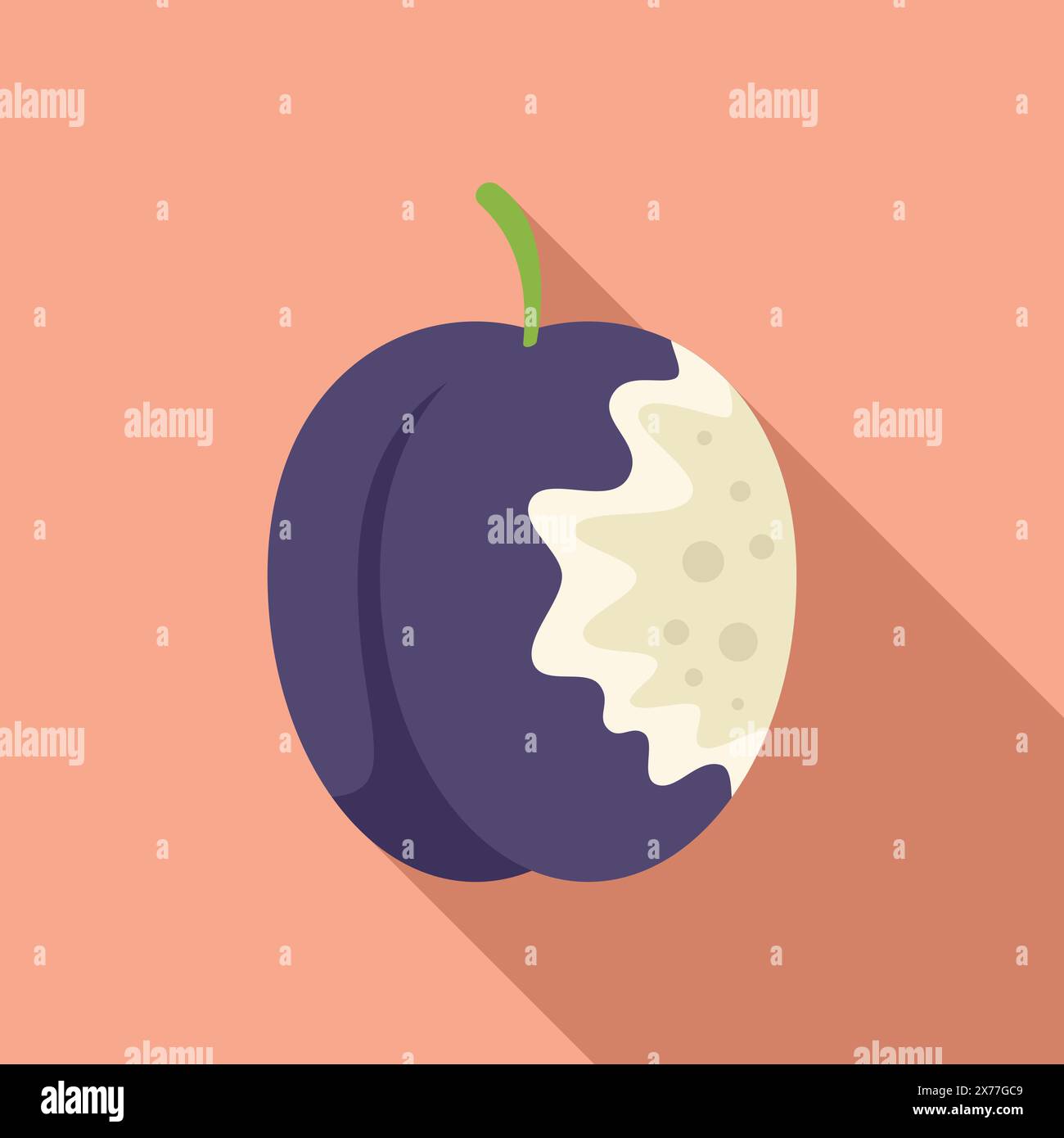 Flat design vector graphic of a ripe plum with a bite taken out, on a ...