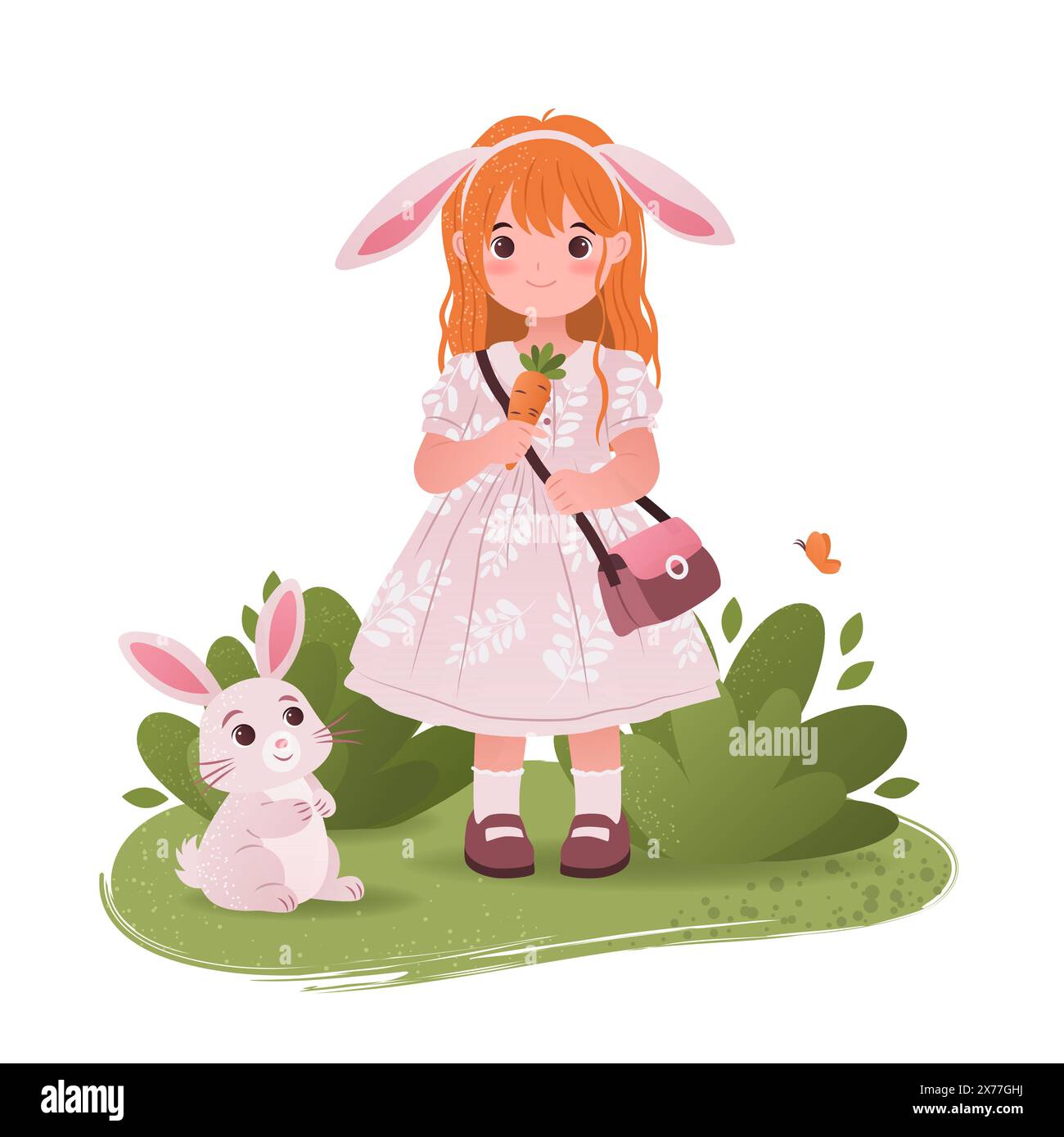 Cute cartoon little girl with bunny. Flat vector illustration Stock ...