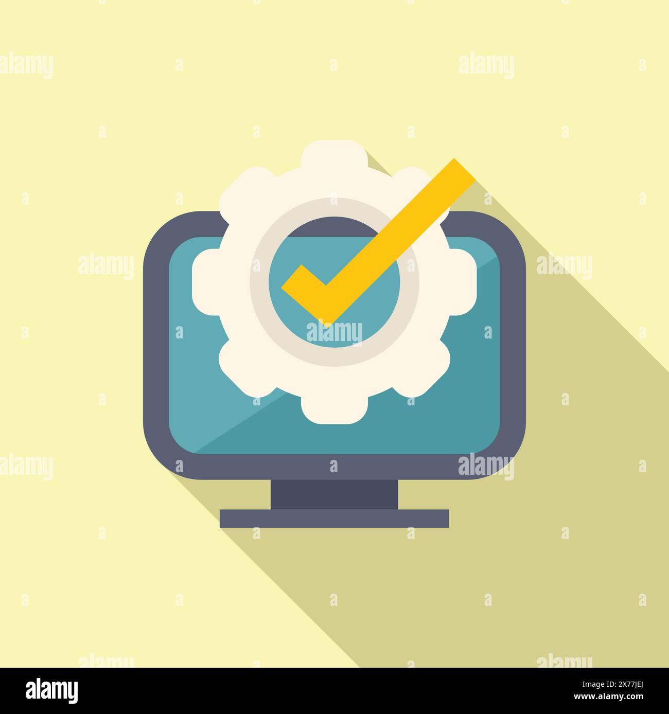 Flat design vector of a computer screen with a certified quality checkmark icon, symbolizing ...