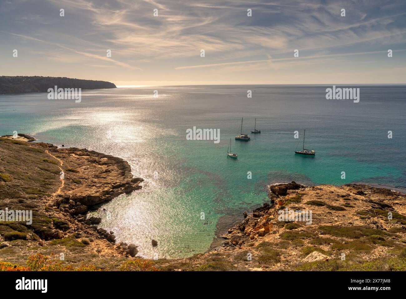 landscape view of an idyllic cove at Es Cap Enderrocat in southern ...