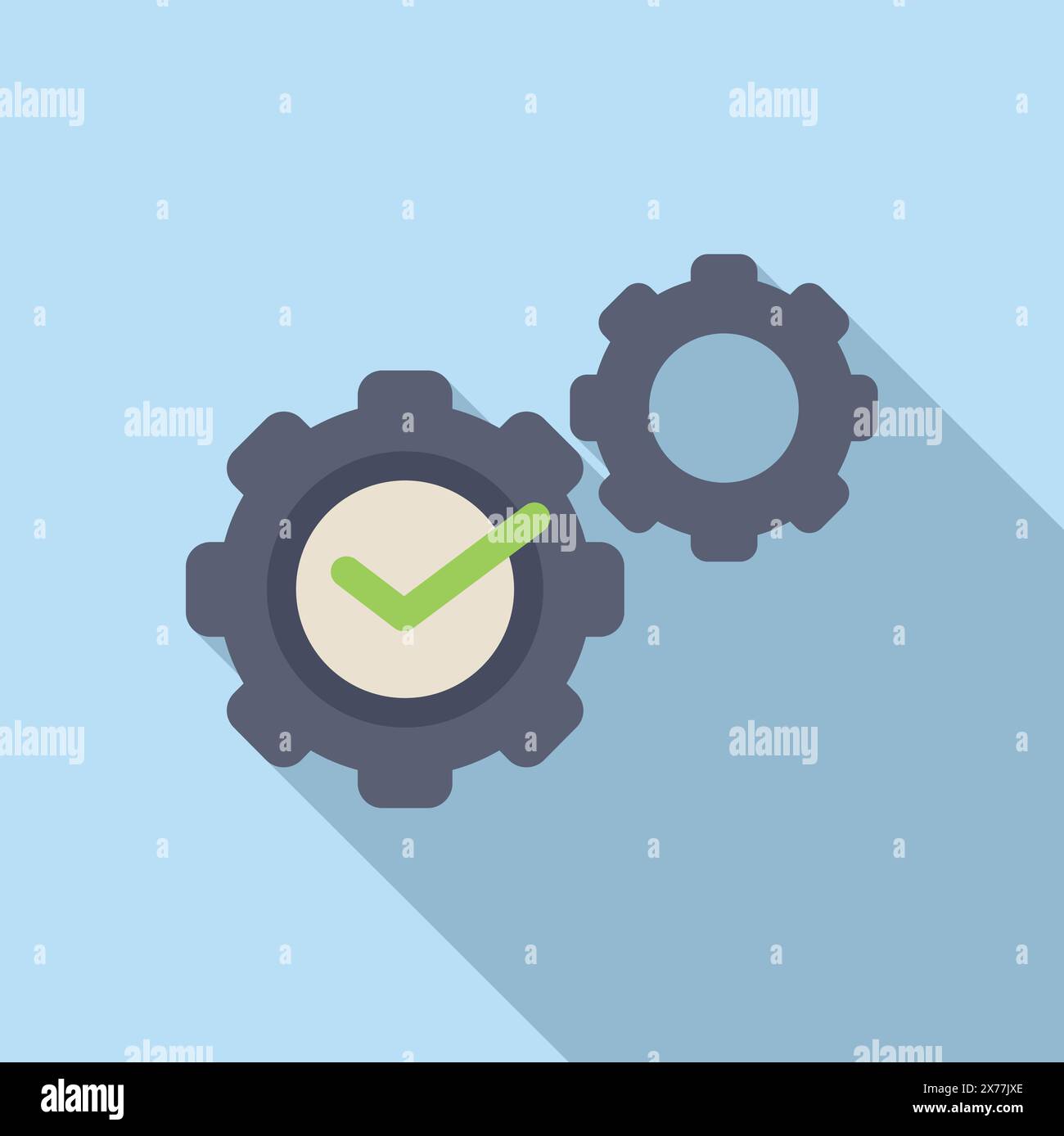 Flat design icon depicting a large gear with a check mark, symbolizing ...