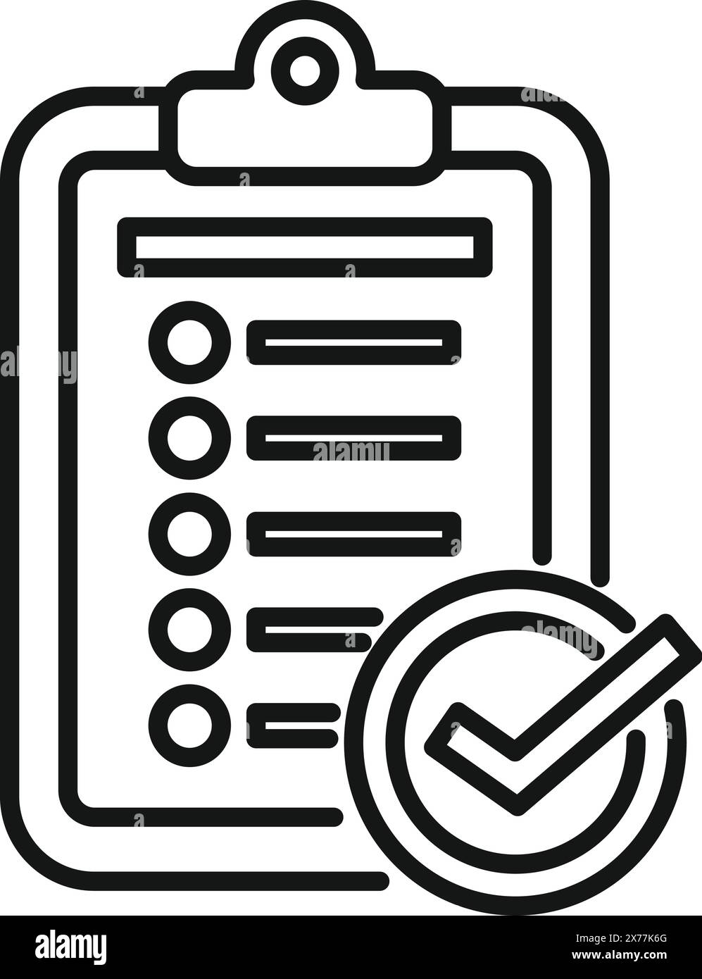 Clean line art illustration of a clipboard checklist icon with a check mark signifying task ...