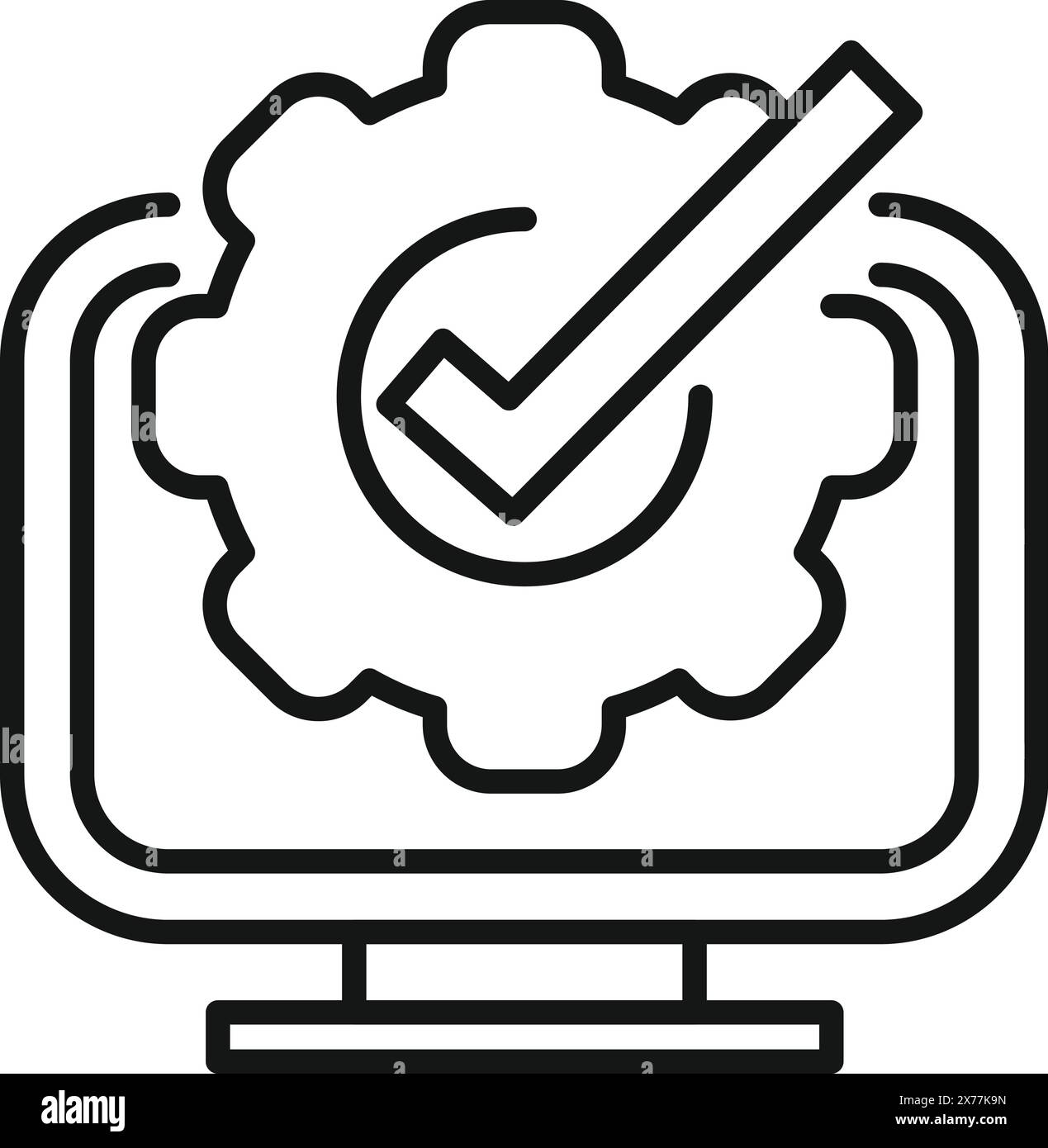 Line art vector icon depicting a computer screen with a quality check ...