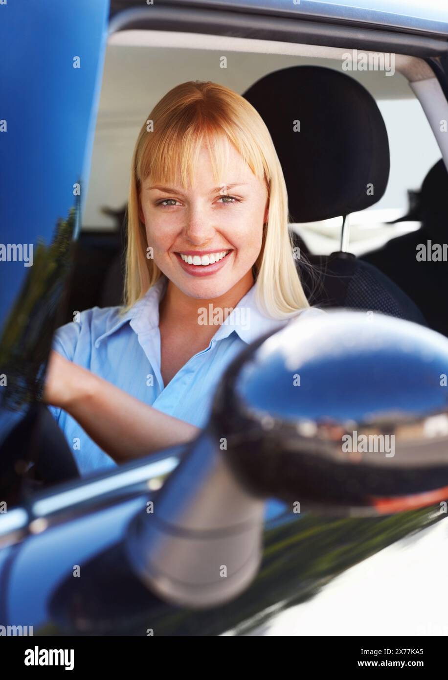Portrait, happy woman and driving car for road trip with journey, solo ...