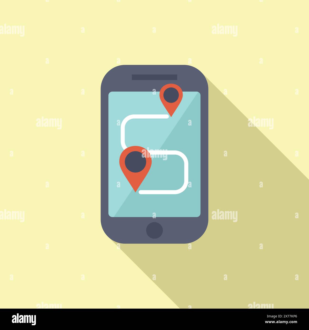 Flat design illustration of a mobile phone displaying a map with route ...