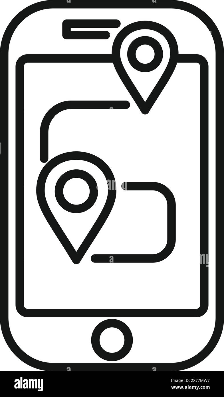 Black and white vector illustration of a mobile phone displaying a map ...