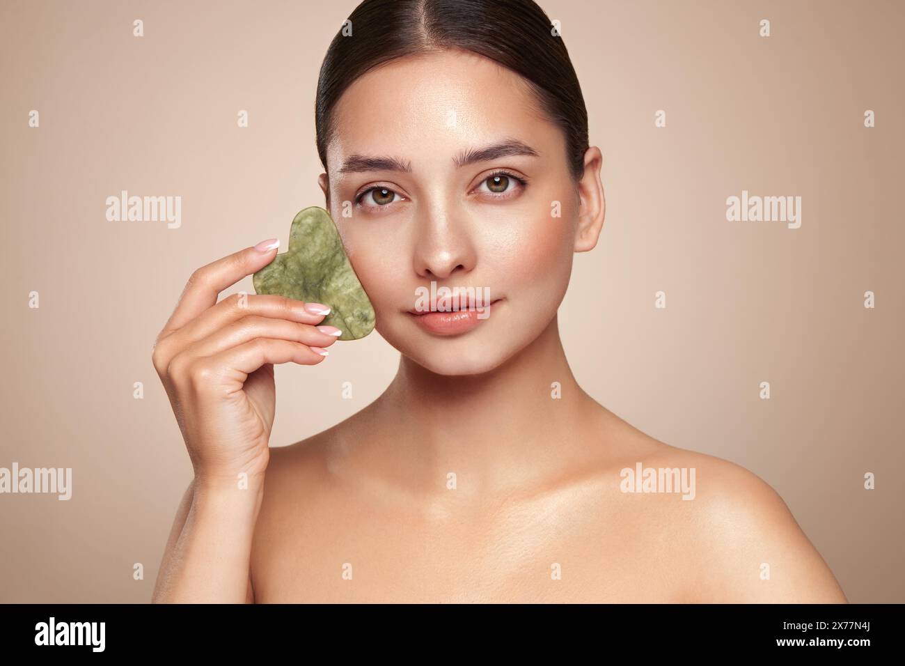 Beauty Young Woman Doing Skin Care Routine Scrapping Massage Facial