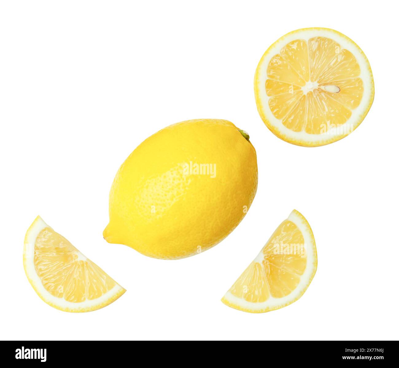 Top view set of beautiful yellow lemon fruit with half and slices or ...