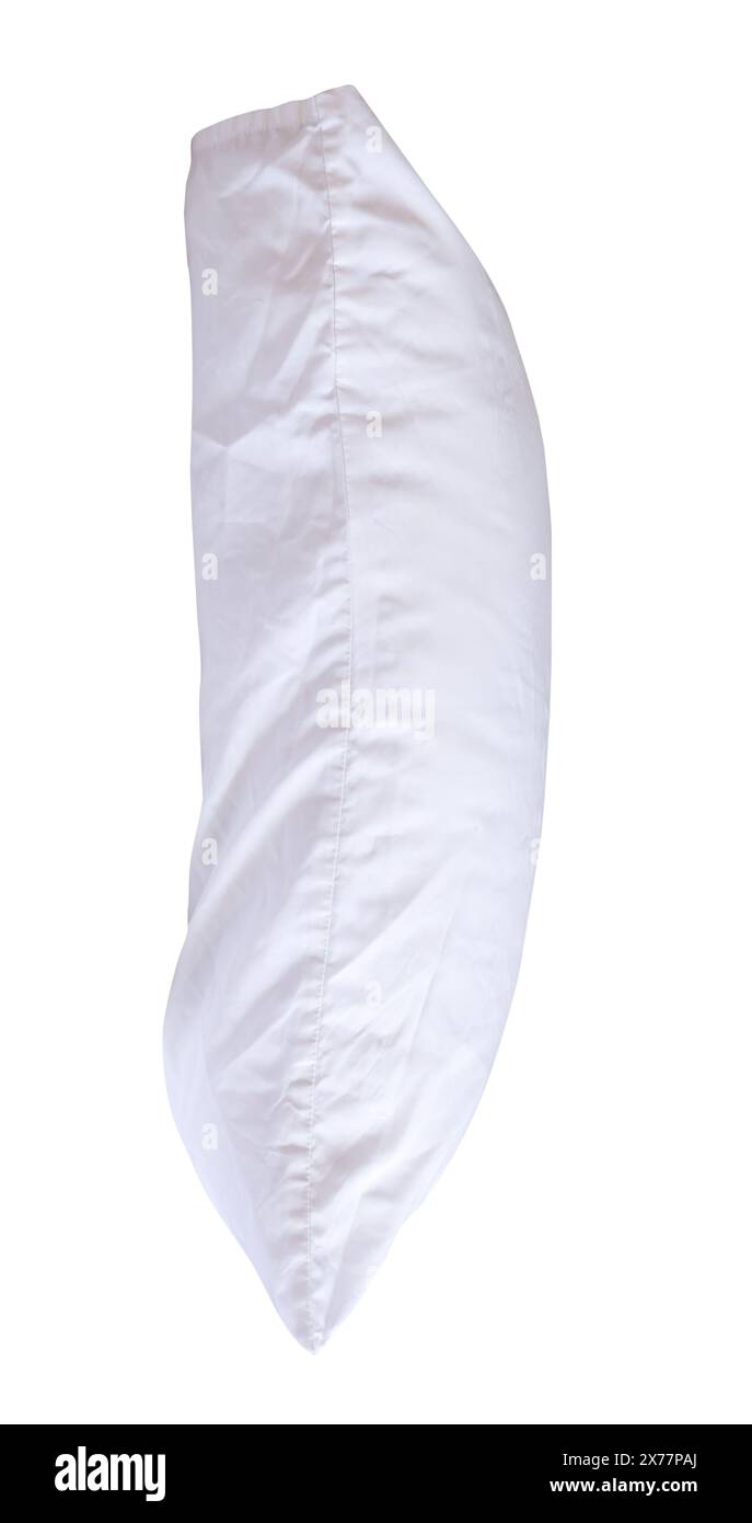Side view of white pillow with case is isolated on white backgroud with ...