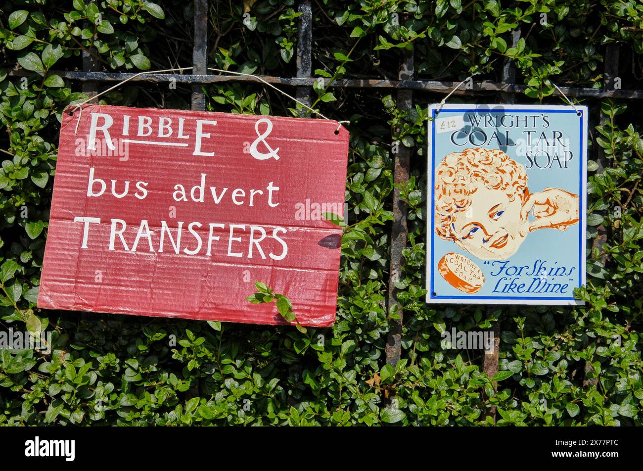 Old adverts on display at the Fleetwood tram day Stock Photo - Alamy