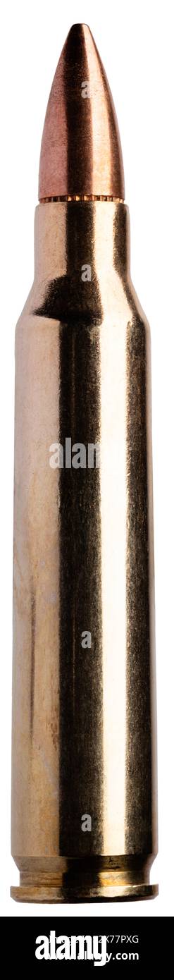 Assault rifle cartridge with a copper plated bullet stood up isolated ...