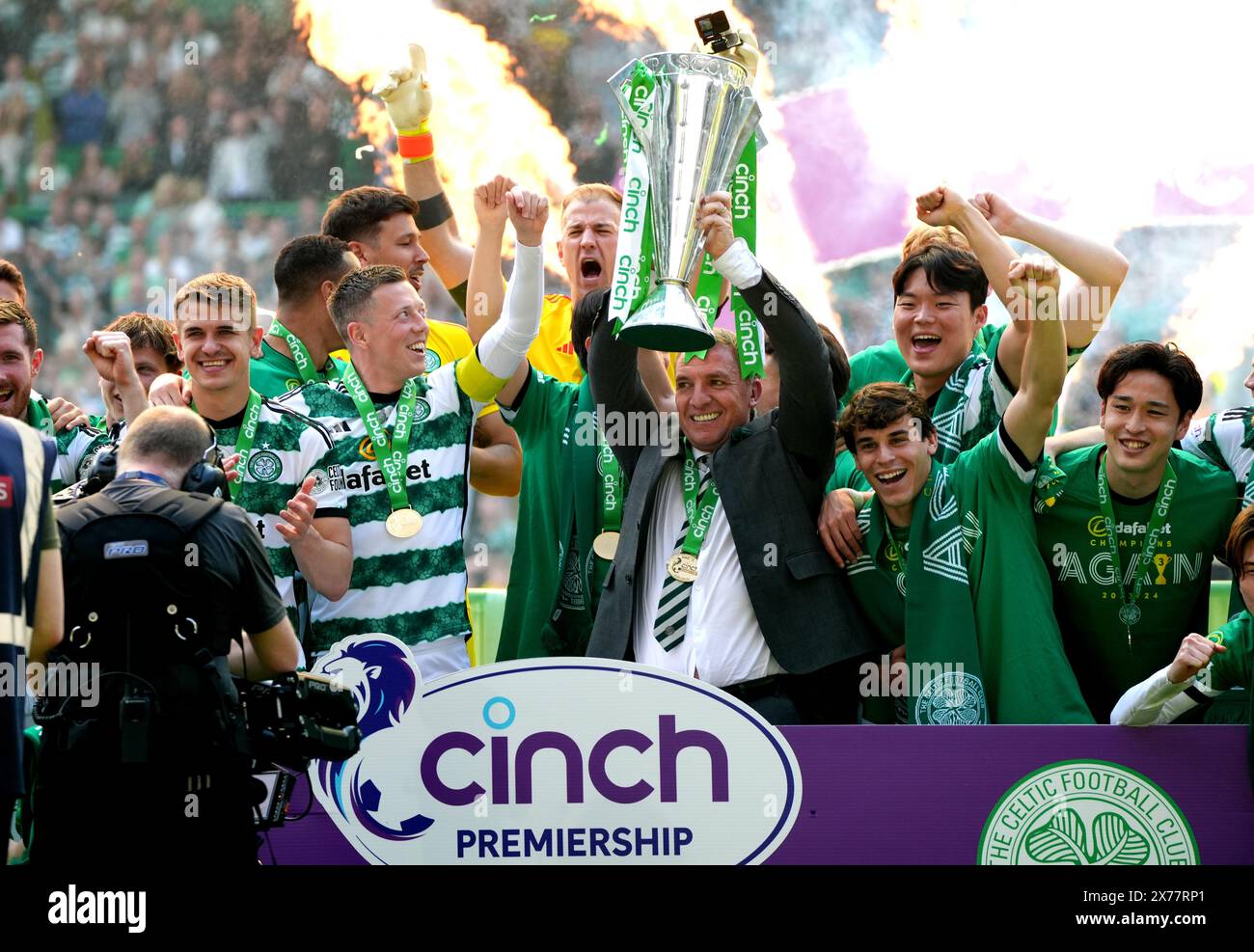 Celtic manager Brendan Rodgers celebrates with the cinch Premiership ...