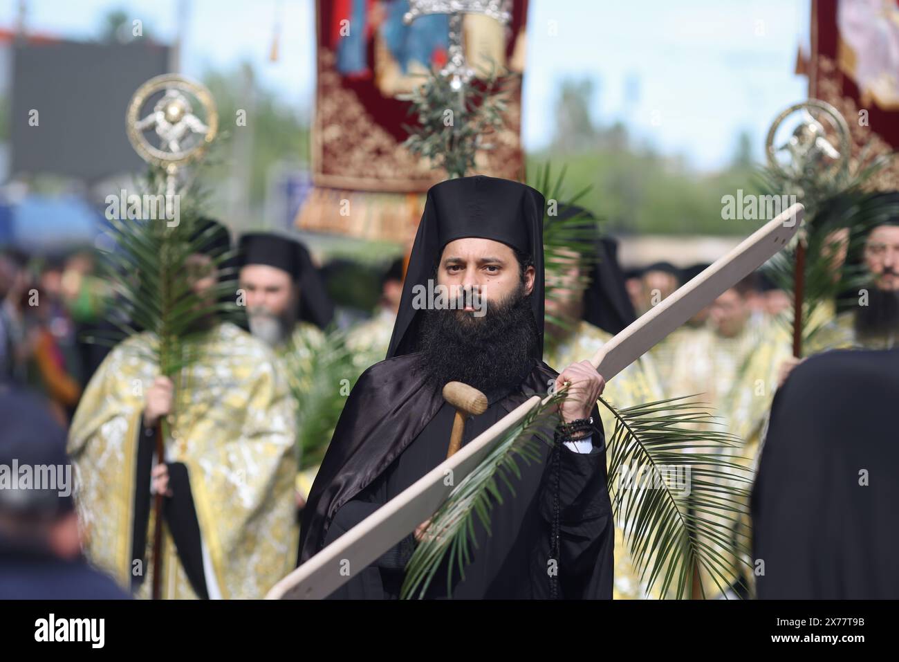 Romanian Orthodox priests holding palm leaves walk on the streets of ...