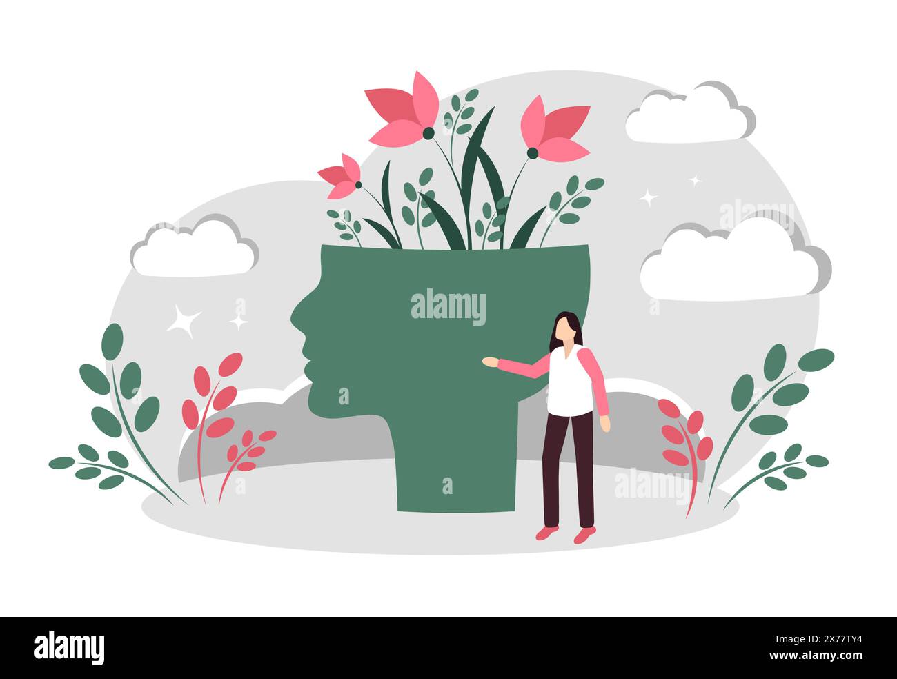 Personal growth. Head with flowers. Mental health and mental balance ...