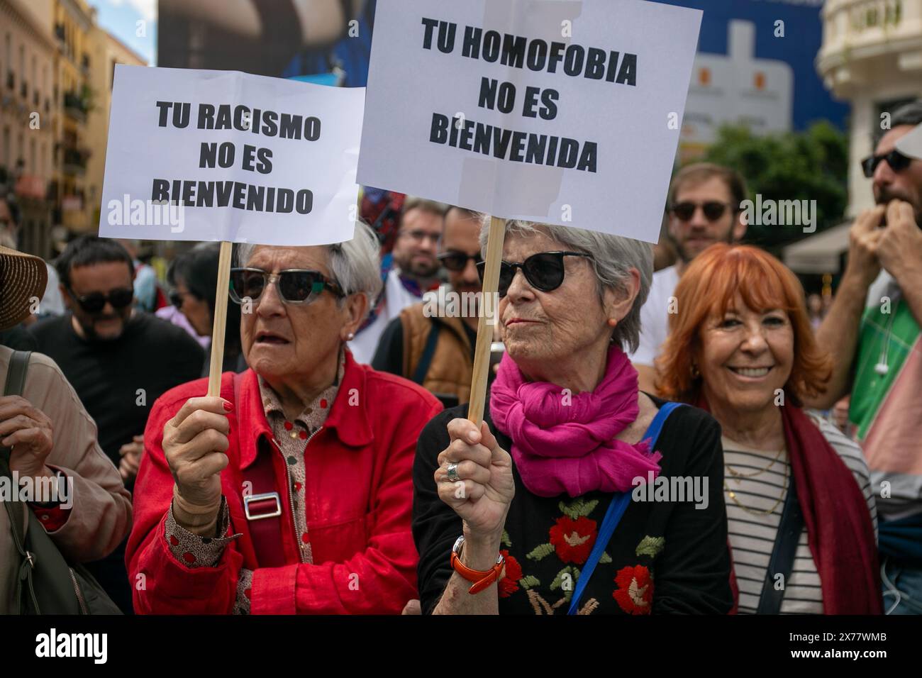 Madrid, Spain. 18th May, 2024. Protesters hold placards expressing ...
