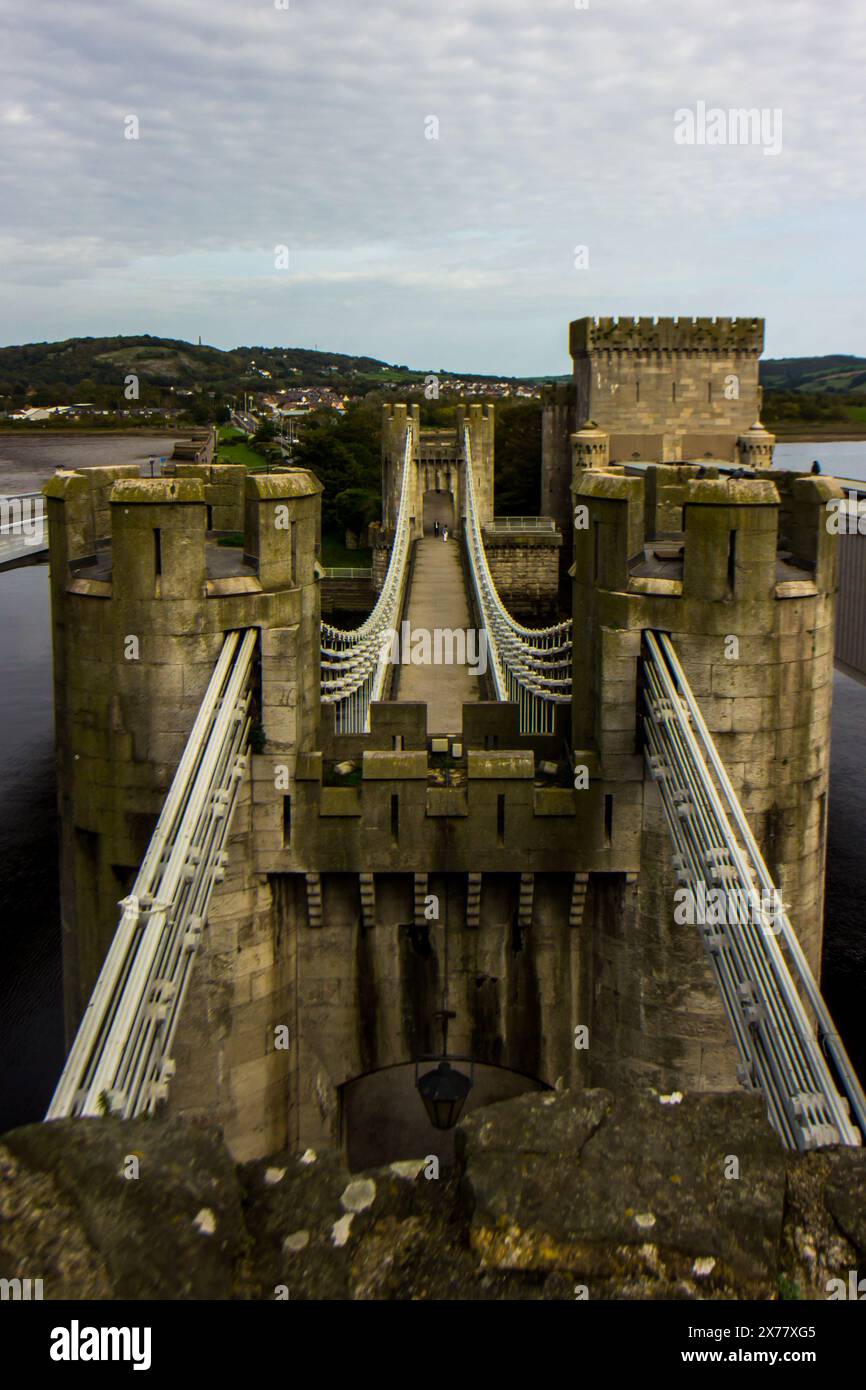 The Conwy suspension Bridge with its Medieval inspired turrets crossing ...