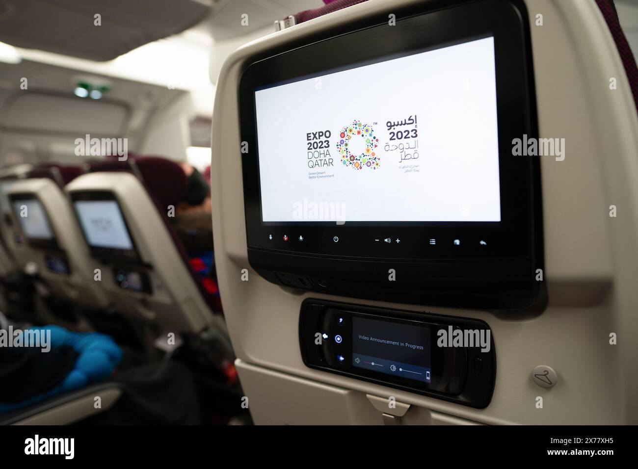 DOHA, QATAR - DECEMBER 15, 2023: a Qatar Airways economy class seat ...