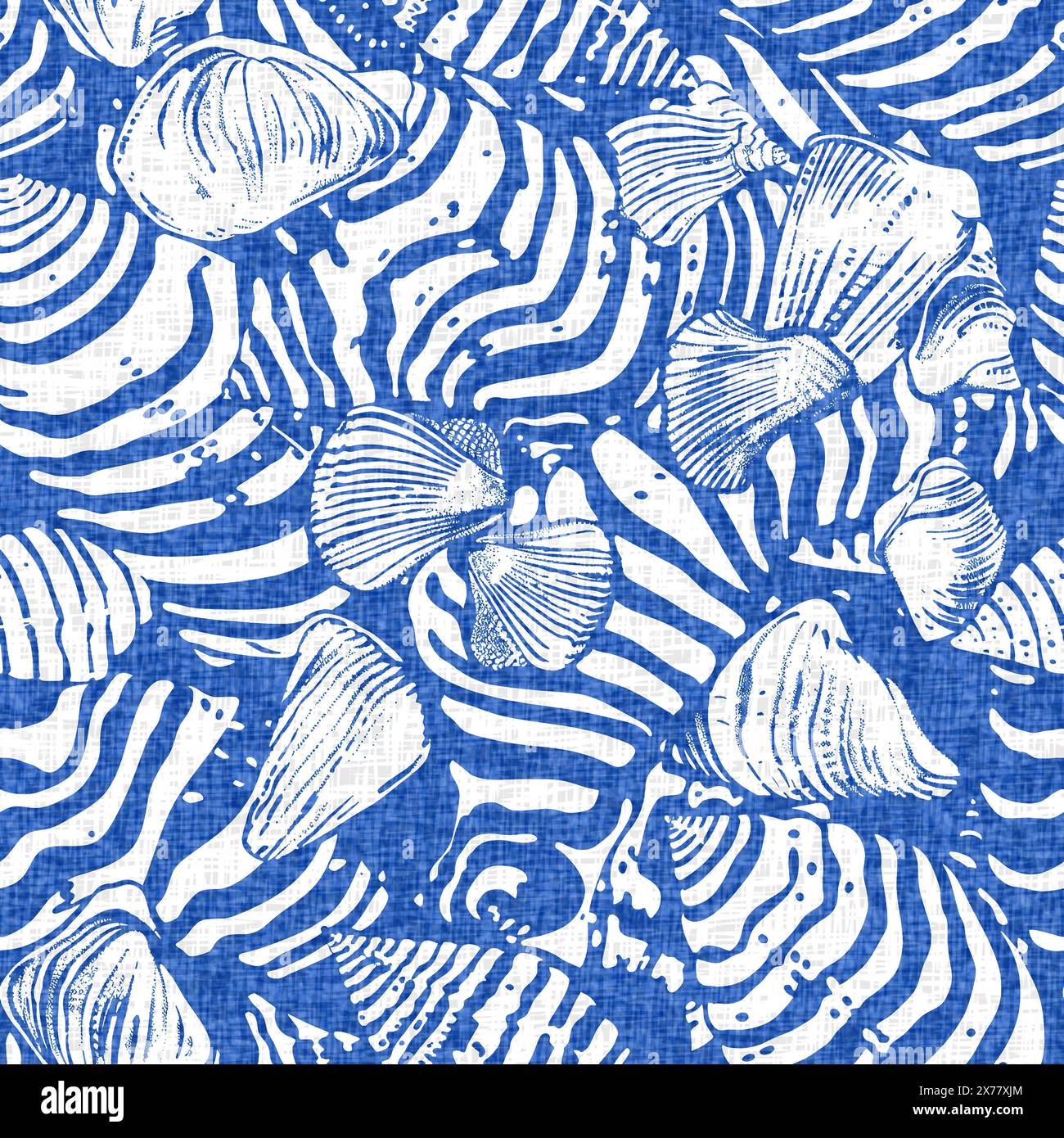 Azure blue white shell motif with linen seamless batik background ...
