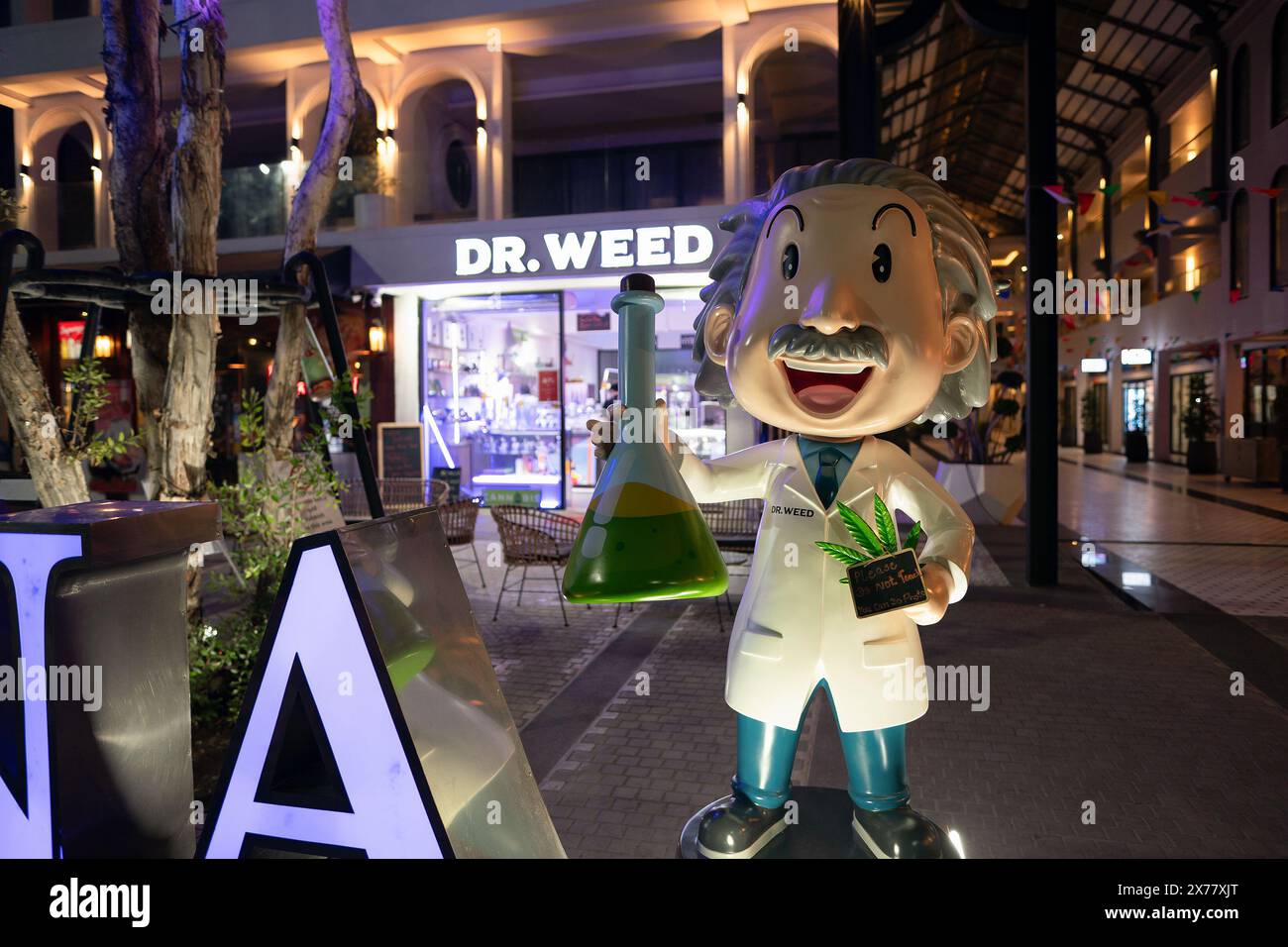 PHUKET, THAILAND - APRIL 15, 2023: doctor statue outside Dr. Weed Patong cannabis store in ...