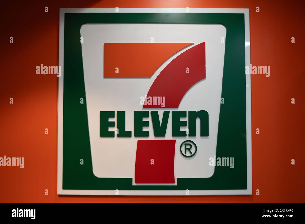 HONG KONG, CHINA - DECEMBER 04, 2023: close up shot of 7-Eleven sign as ...