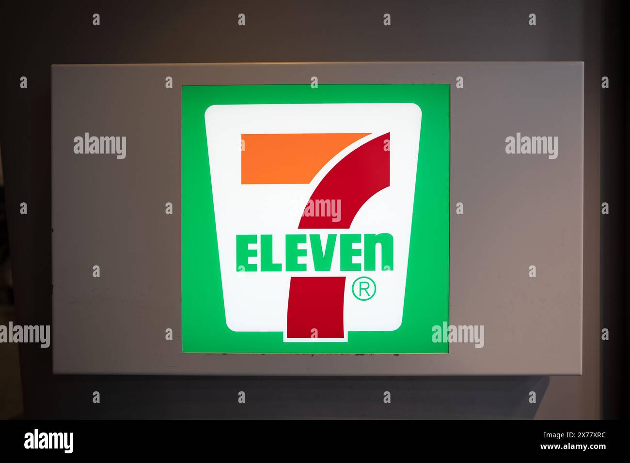 HONG KONG, CHINA - DECEMBER 04, 2023: close up shot of 7-Eleven sign as ...