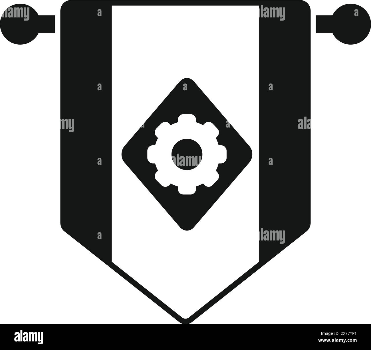 Simple graphic design of a stylized medieval banner featuring a gear ...