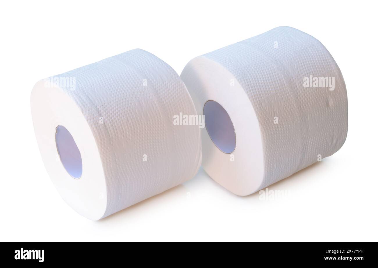 Top view of white tissue paper rolls in stack is isolated on white ...