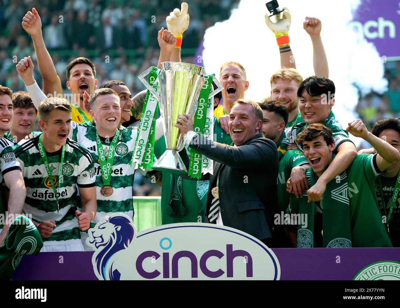 Celtic manager Brendan Rodgers celebrates with the cinch Premiership ...