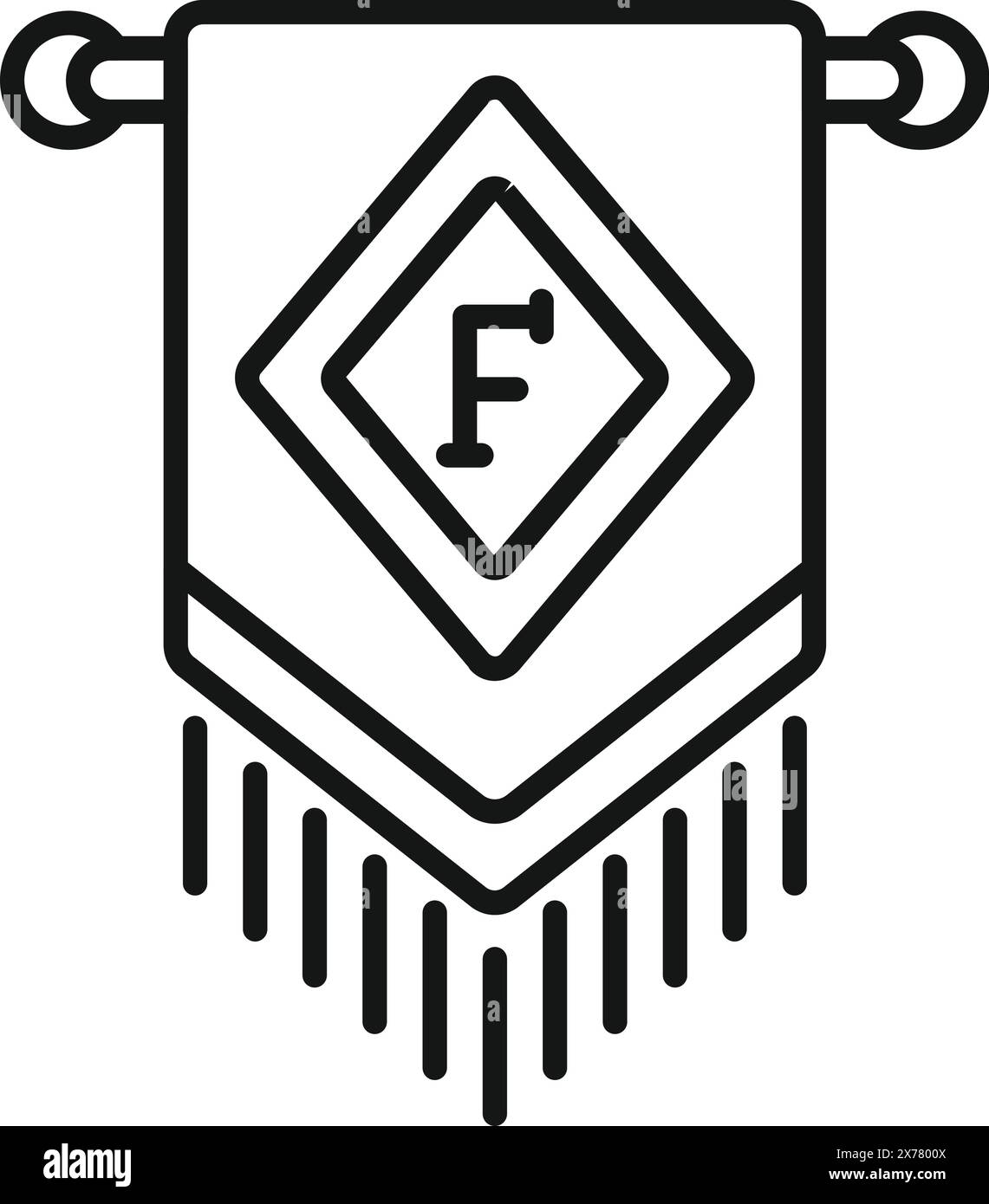 Black and white line art of a decorative banner with a mysterious rune ...