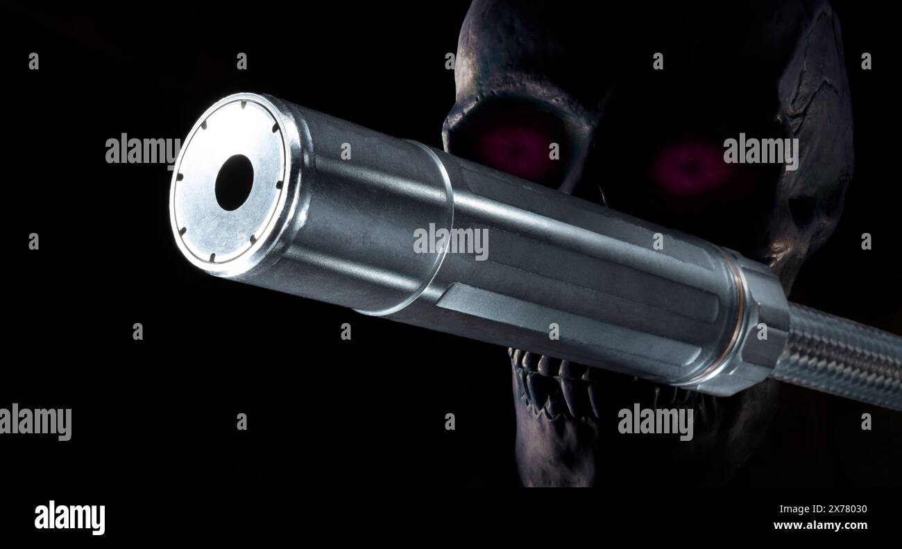 Purple skull behind a suppressor on black Stock Photo - Alamy
