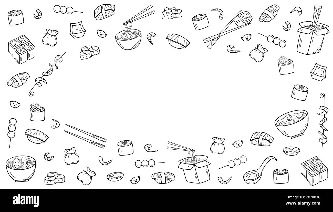 Asian food set doodle style. Vector illustration of Japanese Chinese ...