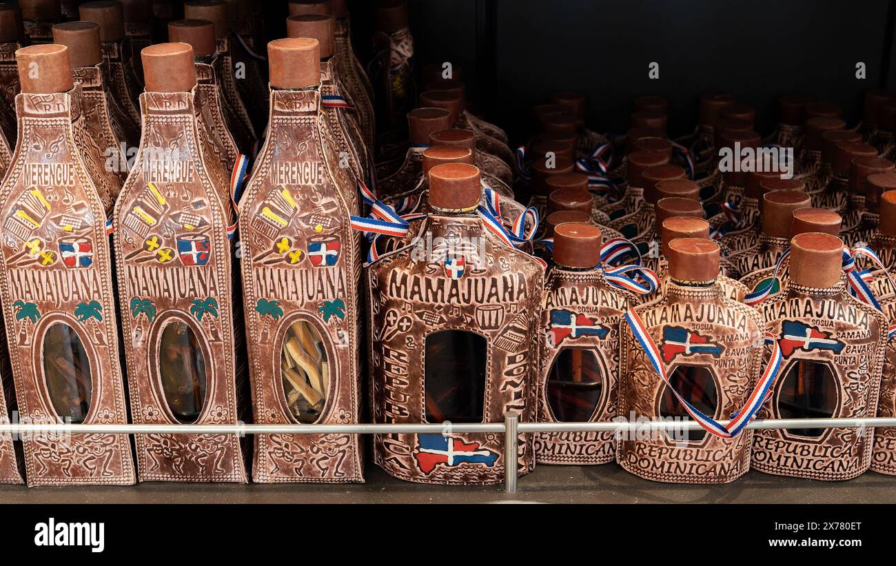 Puerto Plata, DR - April 7, 2024: Souvenir bottles of Mamajuana in a ...