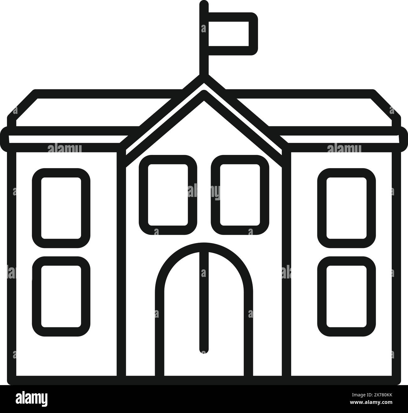 Black and white vector line art depicting a simple schoolhouse with a ...
