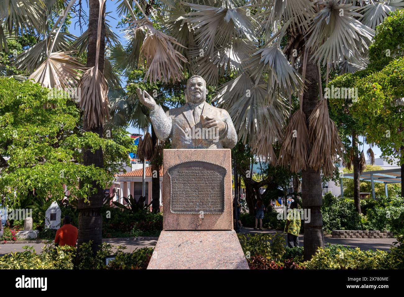 Nassau, Bahamas - April 9, 2024: This historical marker and bust of Sir Milo Boughton Butler ...