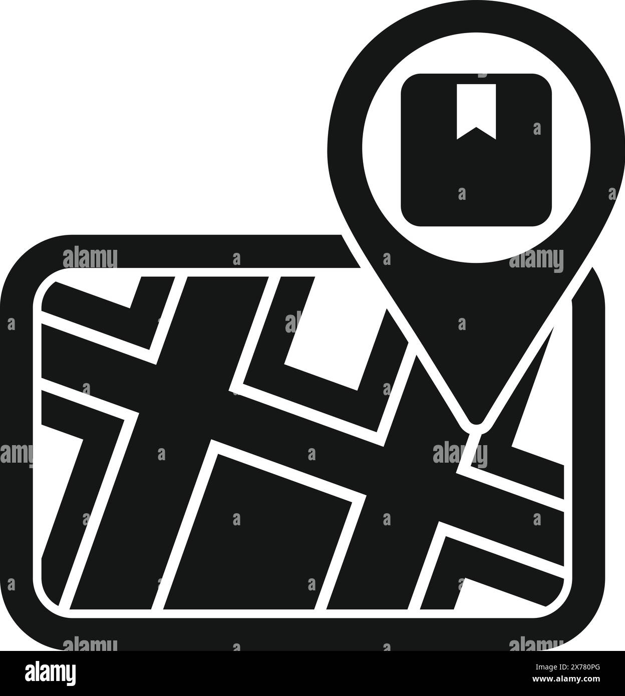 Simple black and white icon illustrating a map with a location pin ...