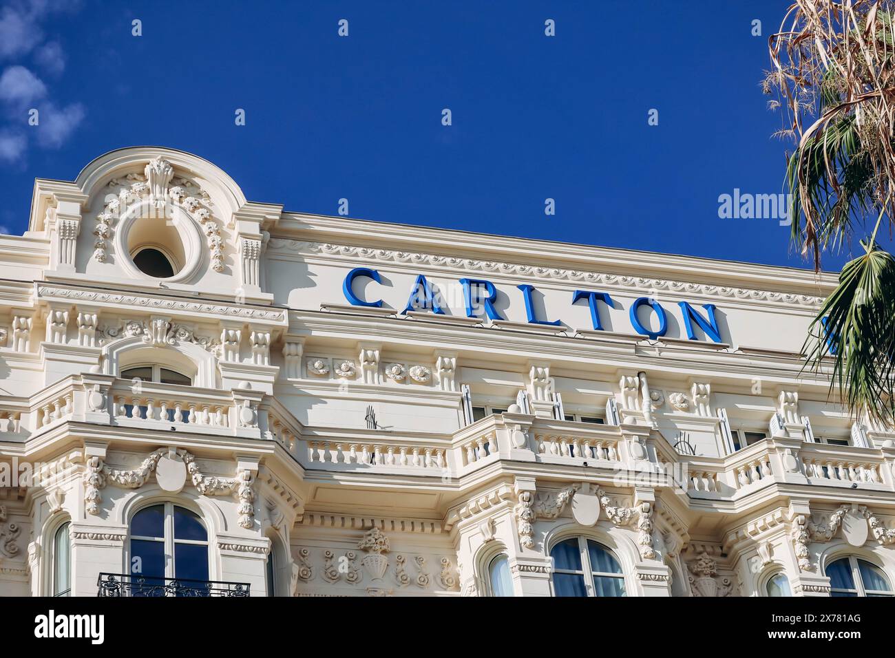 Cannes, France - August 3, 2023 : Close-up of the facade of Carlton ...