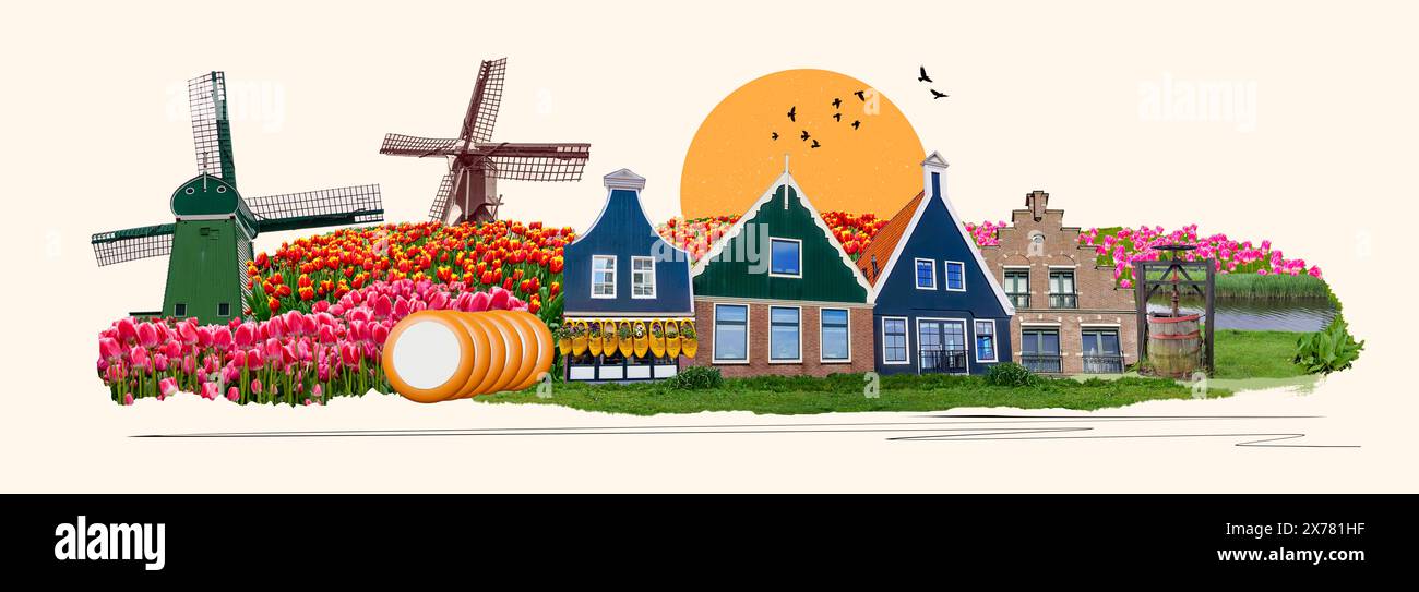 The famous Dutch windmills. View through red tulips on the Netherlands ...