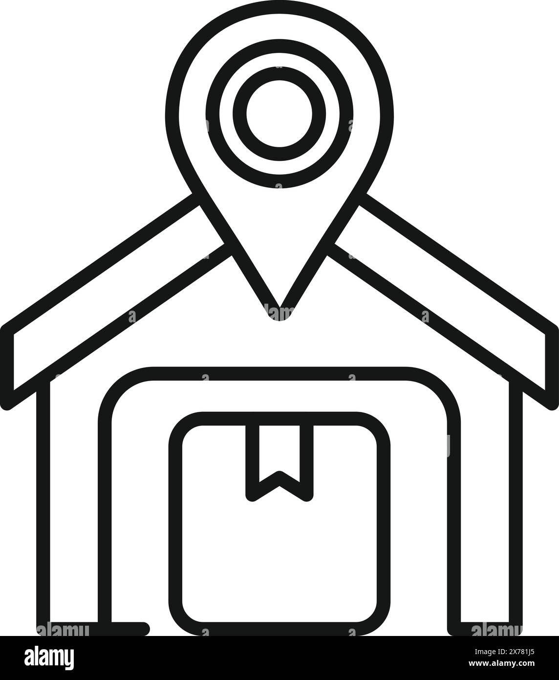 Simplified black line art of a house with a location pin symbol on top ...